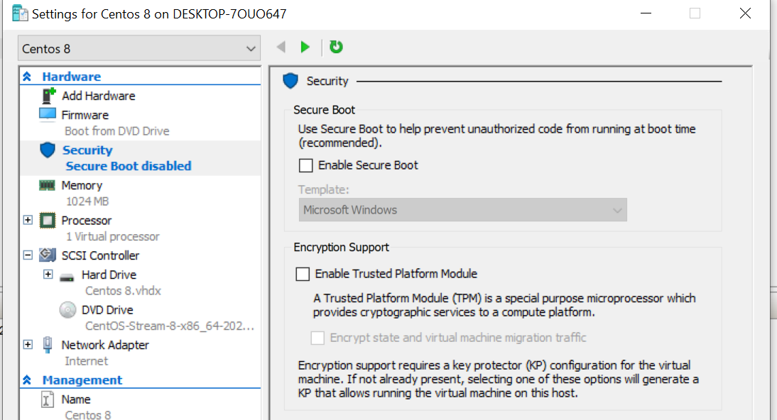 Hyper-V : Building a Centos 8 server